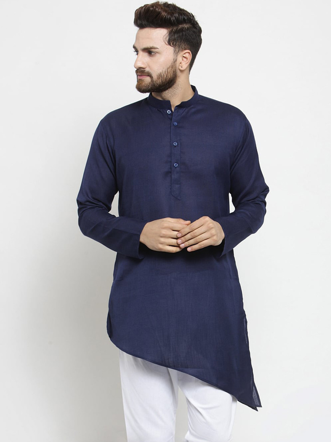 Buy TREEMODA Men Navy Blue Solid Asymmetric Kurta - Kurtas for Men ...