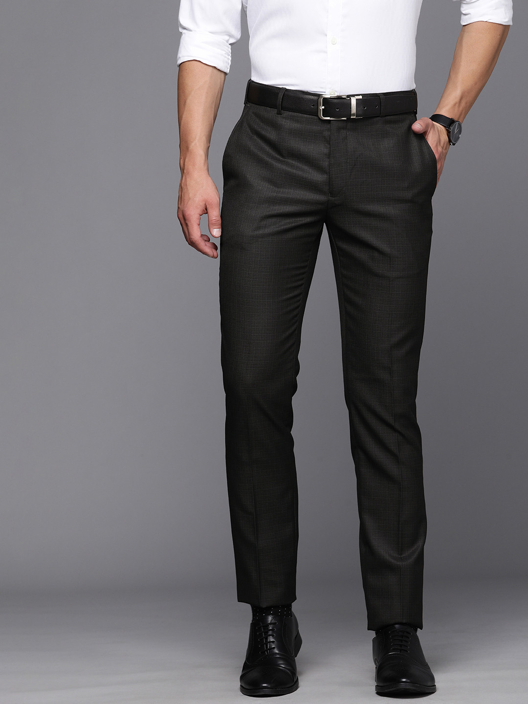 Buy Raymond Men Grey Checked Slim Fit Formal Trousers - Trousers for ...