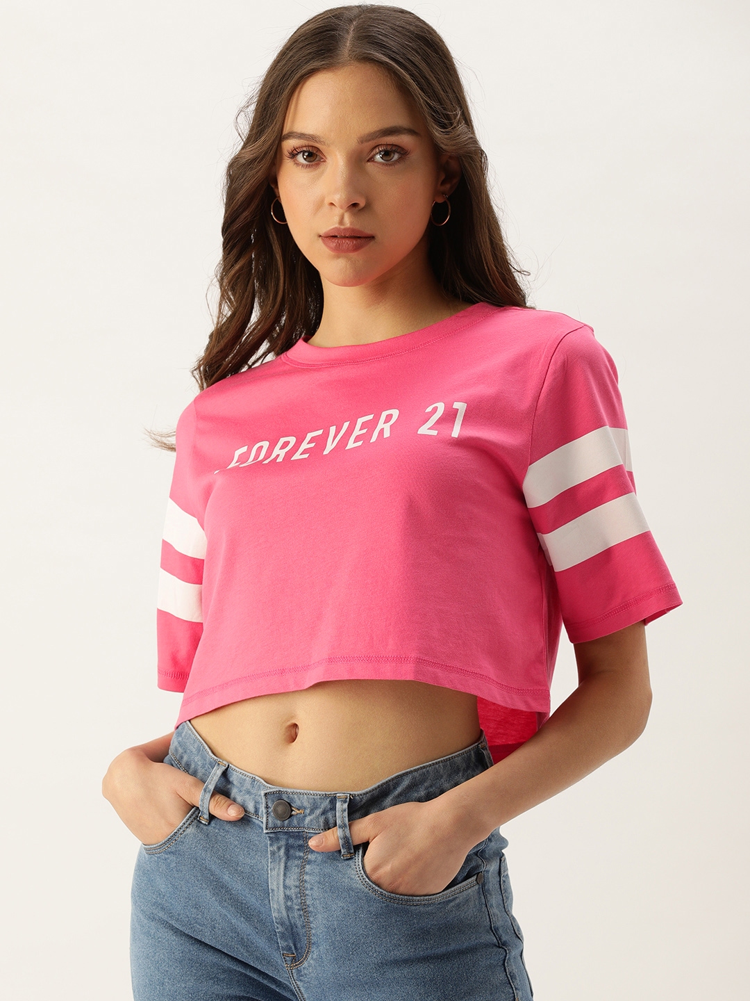 Buy Forever 21 Women Pink And White Brand Logo Printed Pure Cotton Round