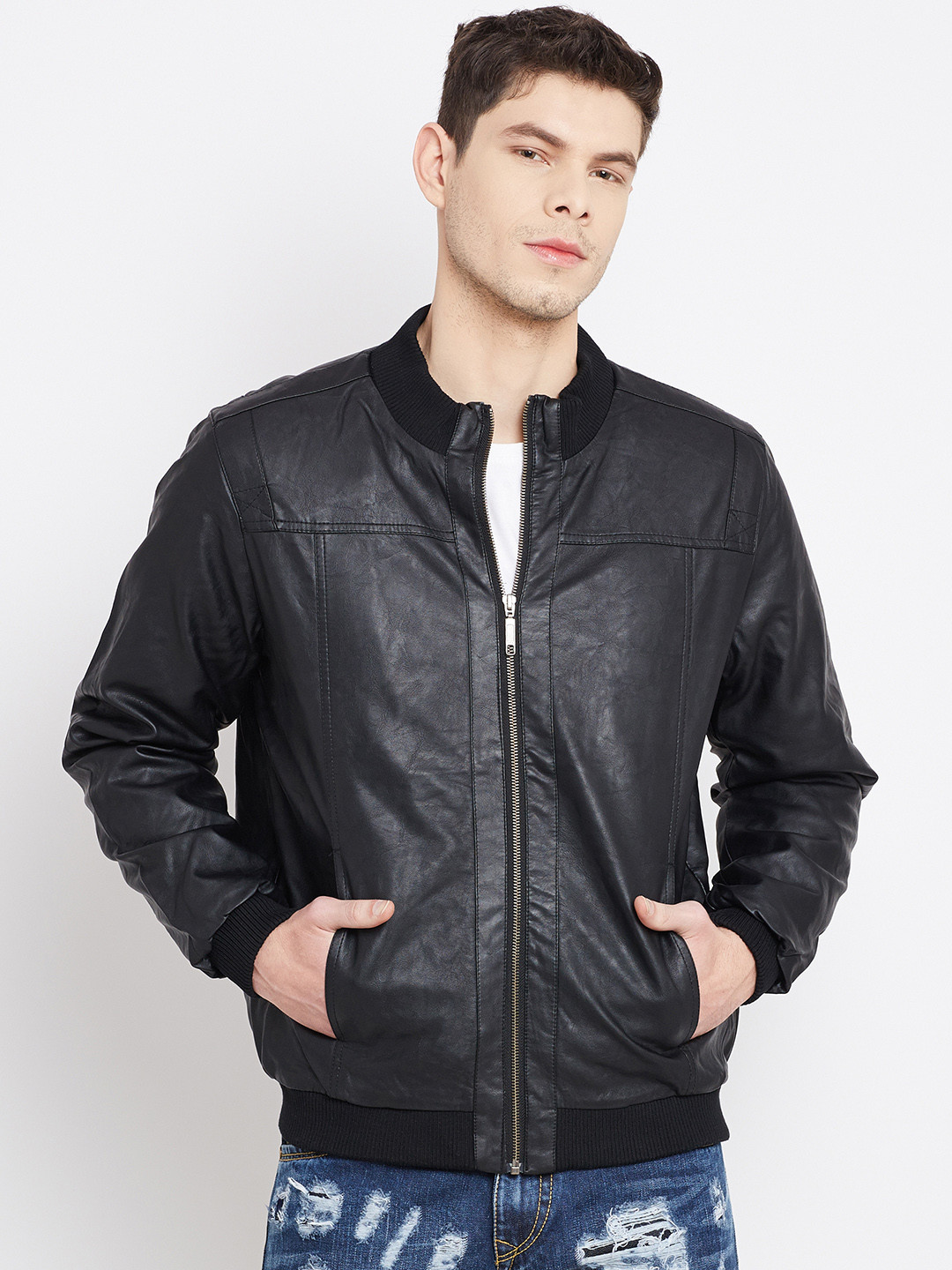 Buy John Players Black Faux Leather Bomber Jacket - Jackets for Men ...