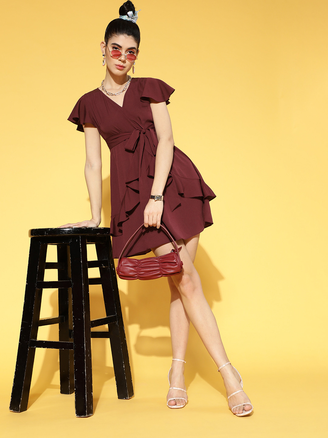 Buy Berrylush Women Charming Maroon Solid Ruffled Dress - Dresses for ...