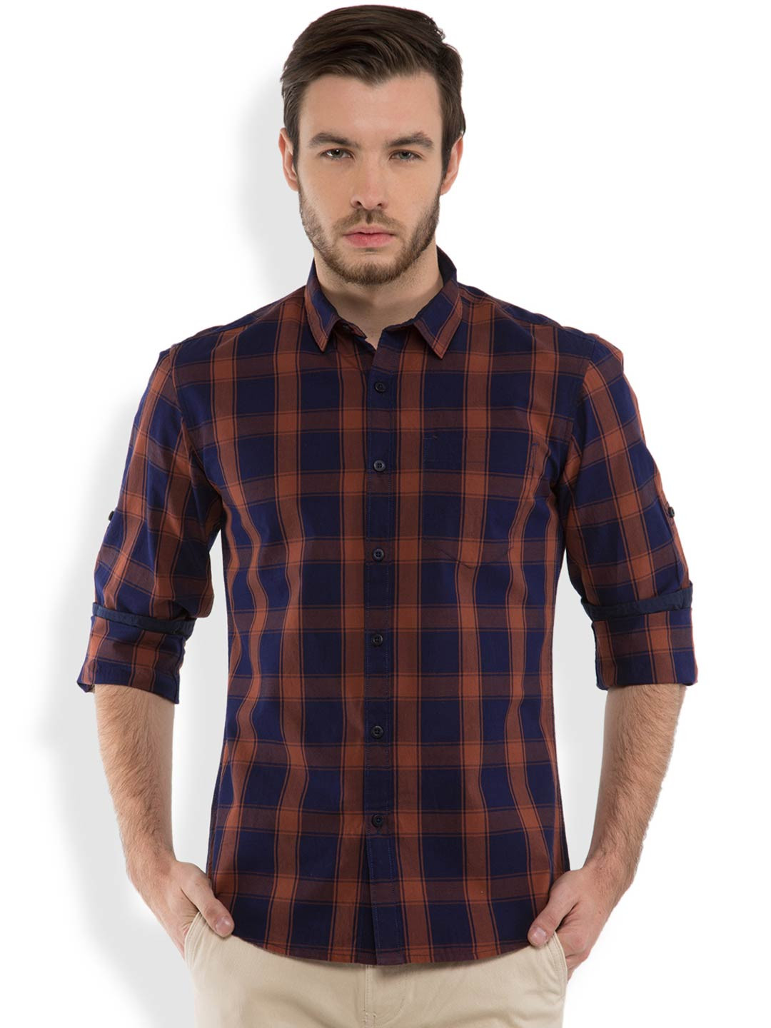 Buy HIGHLANDER Men Navy Blue Slim Fit Checked Casual Shirt - Shirts for ...