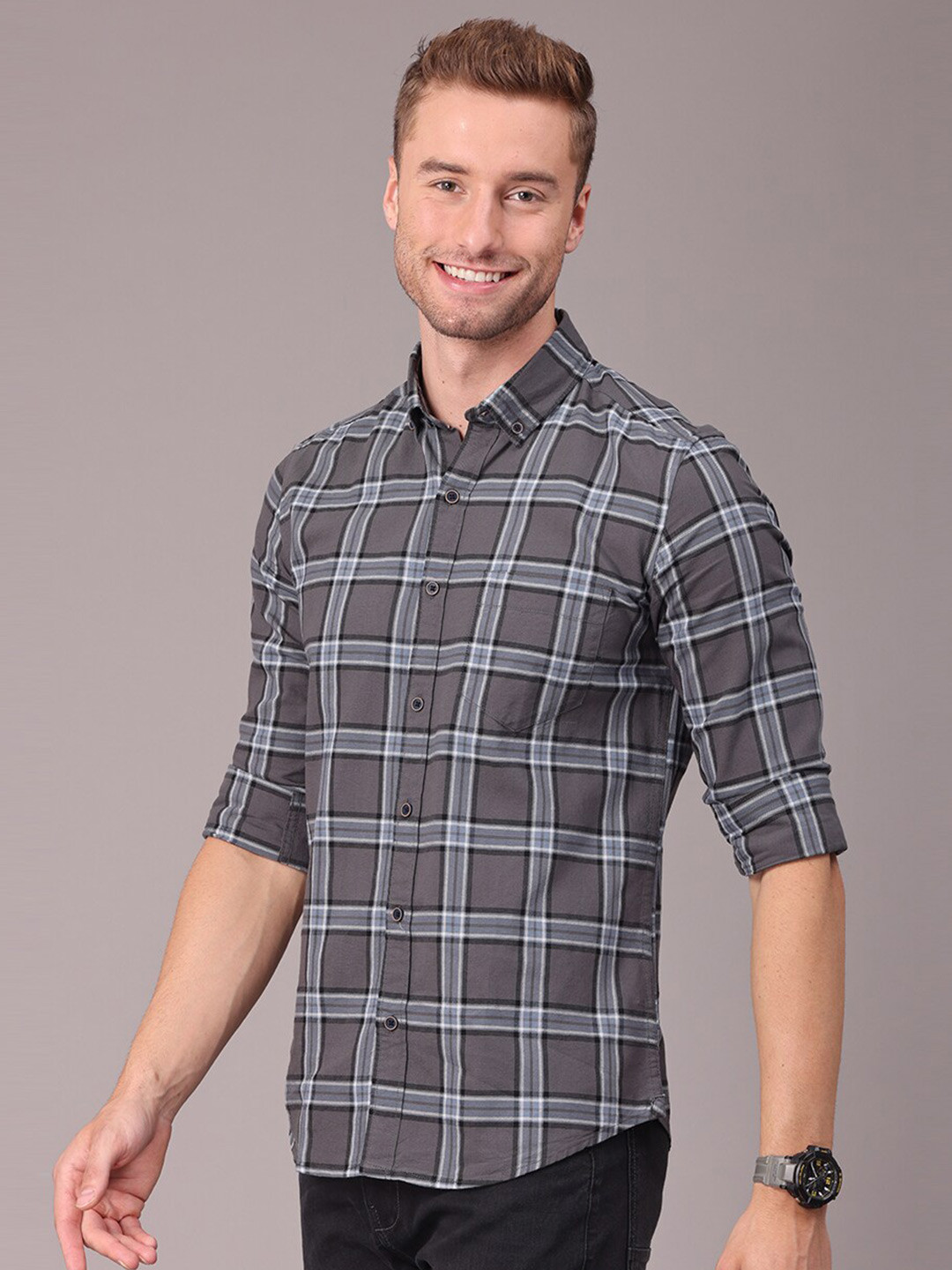 Buy FOGA Men Grey Slim Fit Checked Water Resistant Dust Repellent ...