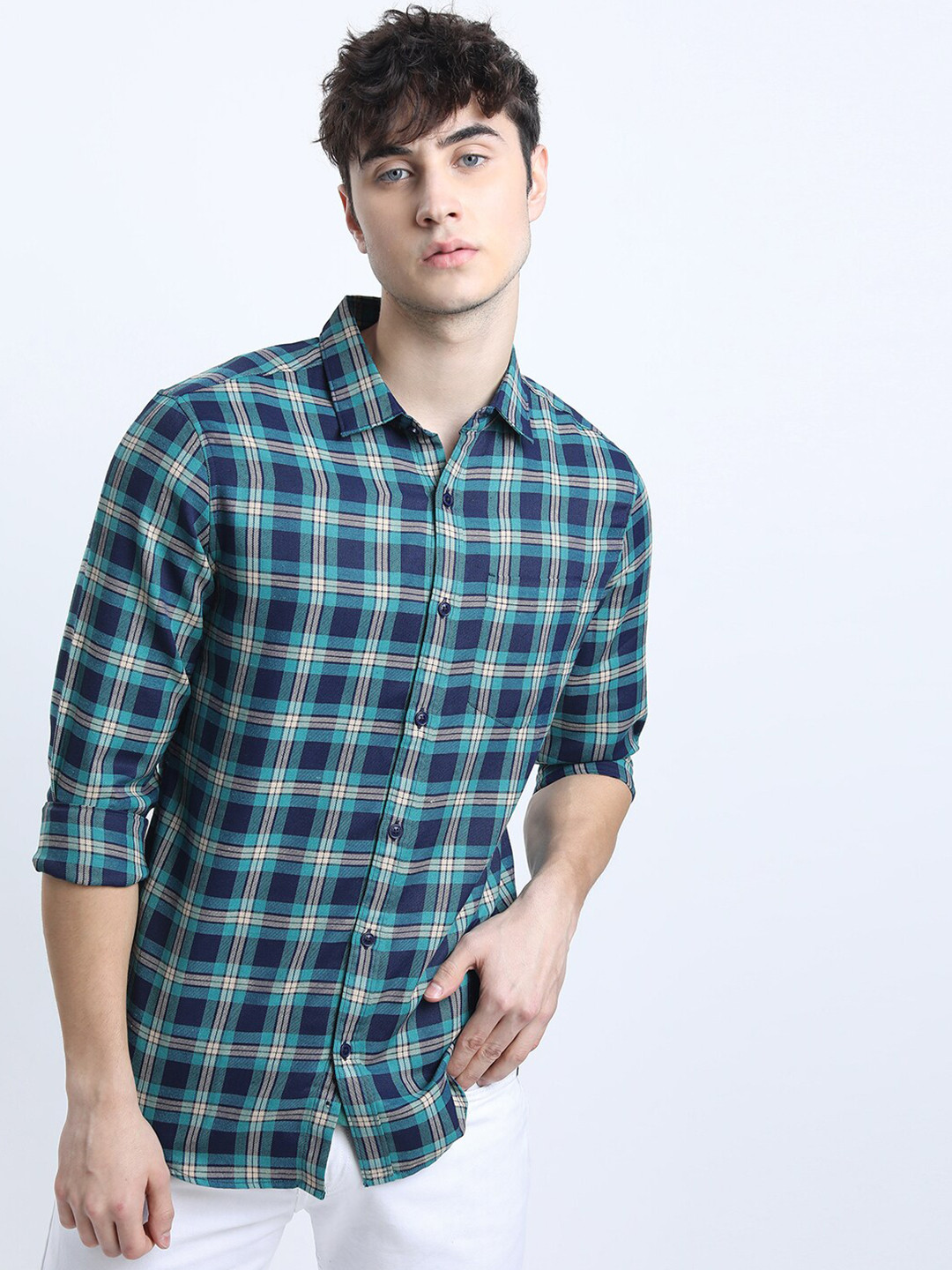 Buy KETCH Men Navy Blue & Beige Slim Fit Checked Casual Shirt - Shirts ...