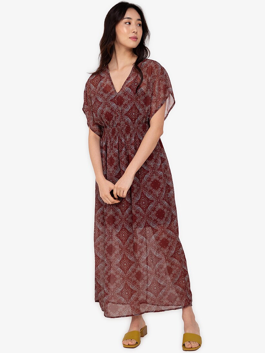 Buy Zalora Basics Women Maroon And White Ethnic Motifs Kaftan Maxi Dress
