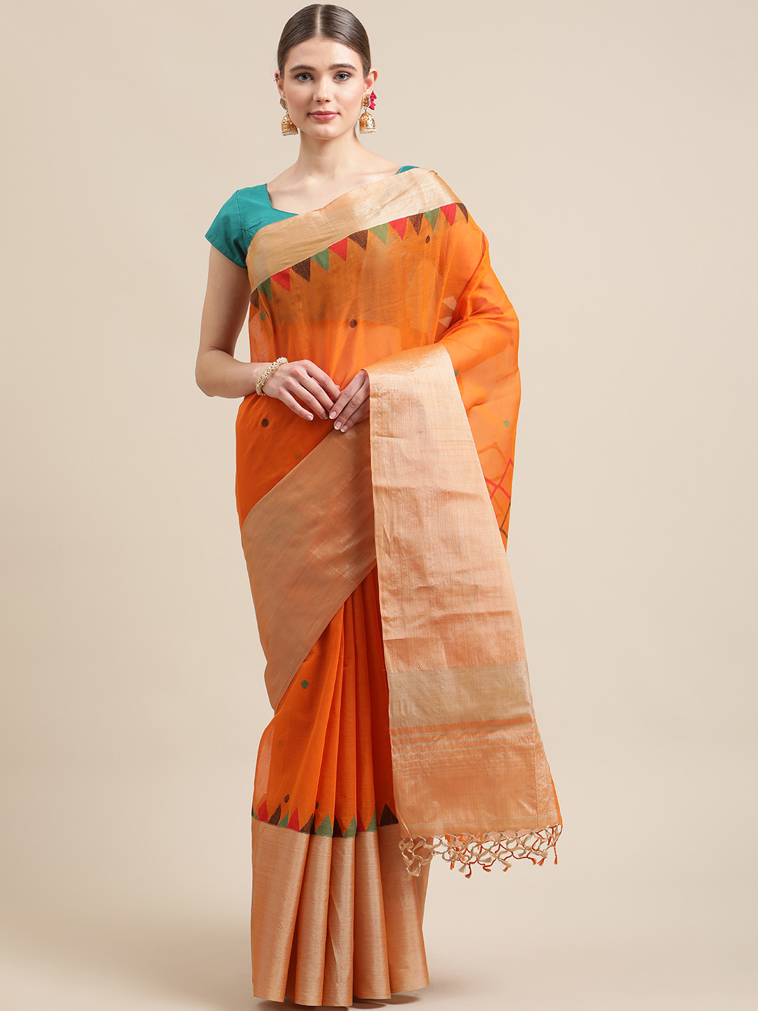 Buy ADITRI Handloom Orange Woven Design Pure Cotton Saree - Sarees for ...