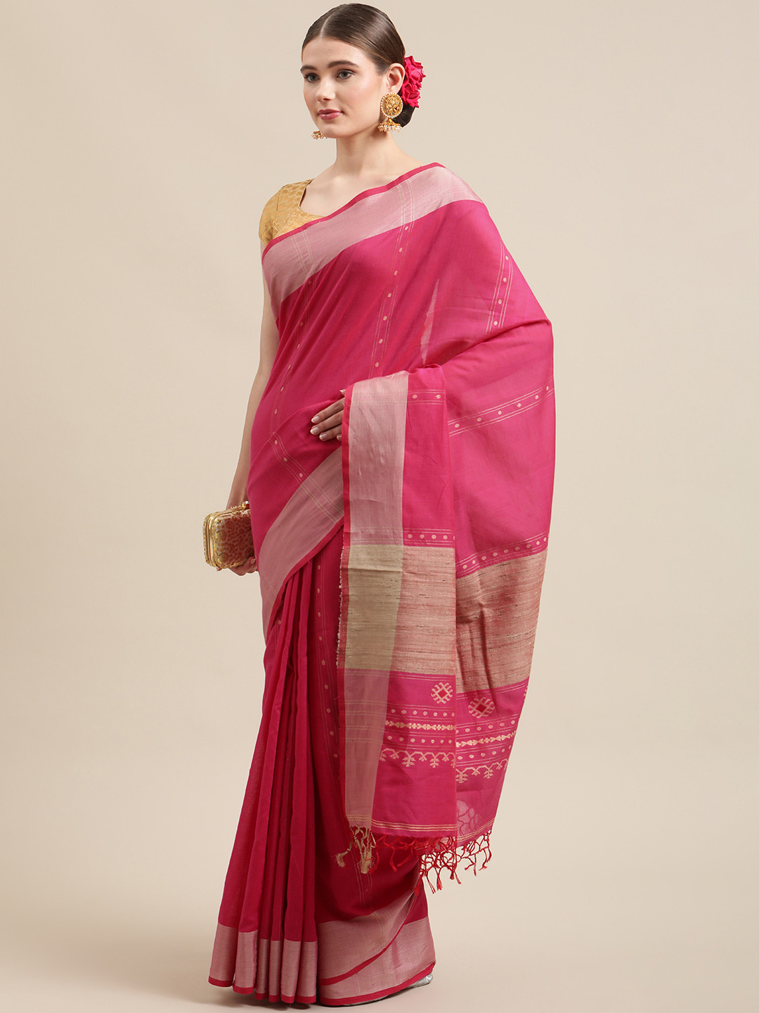 Buy ADITRI Handloom Magenta Pink Woven Design Pure Cotton Saree ...