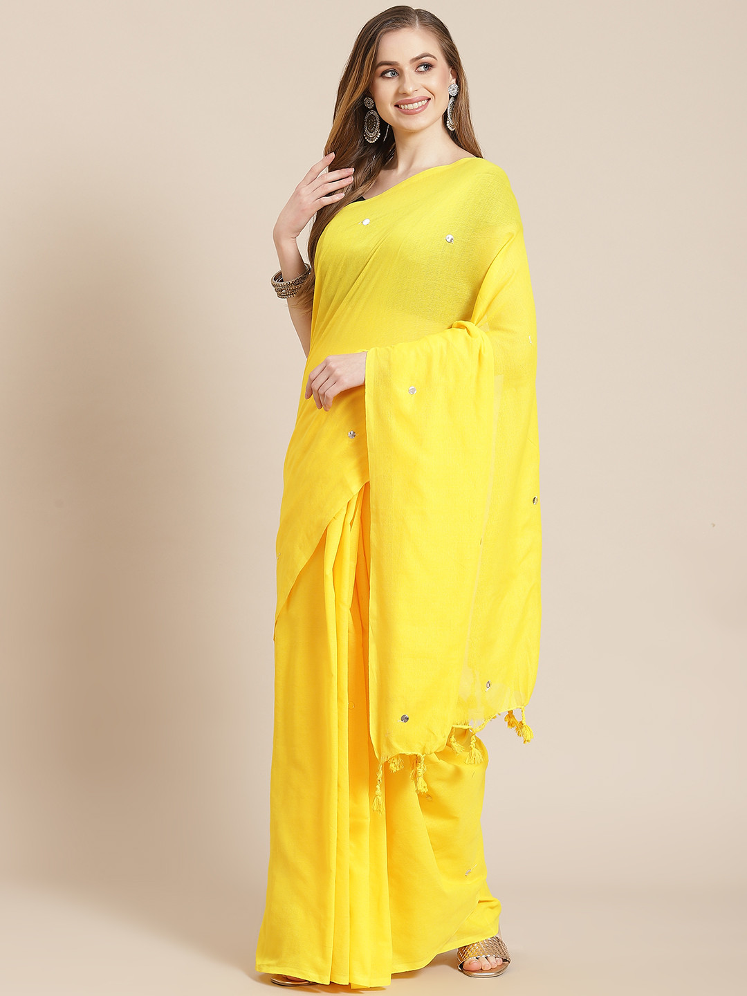 Buy ADITRI Yellow Embellished Mirror Work Pure Cotton Saree - Sarees ...