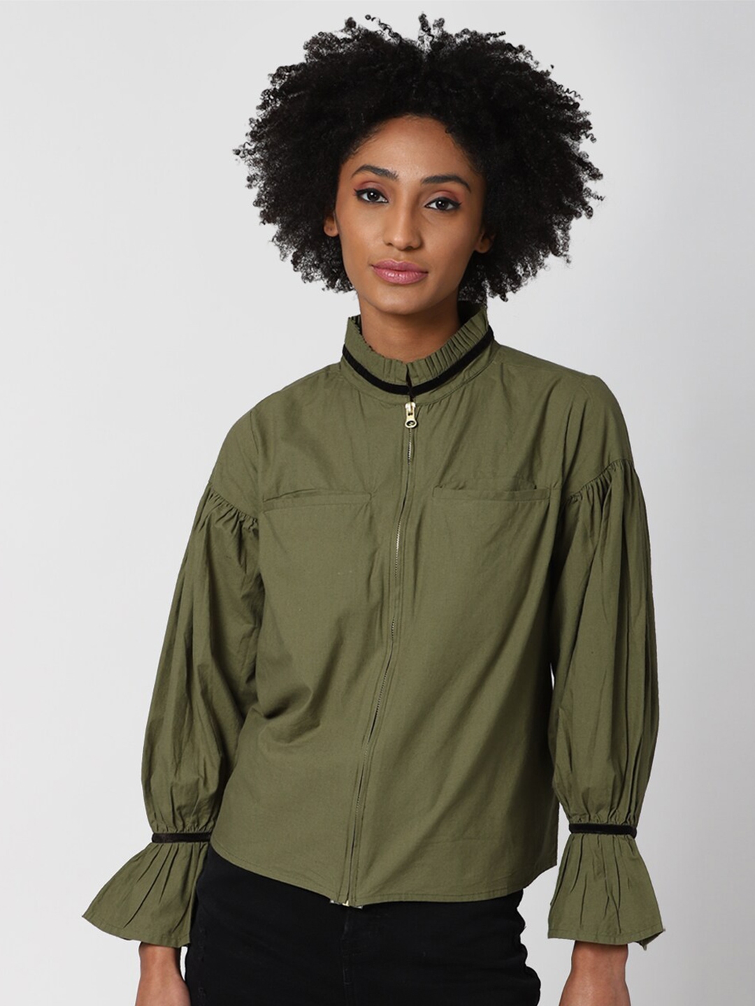 Buy Forever 21 Women Olive Green Mandarin Collar Shirt Style Top Tops