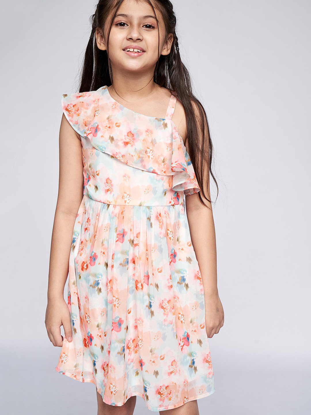 Buy AND Girls Blue & Peach Pink Floral Print One Shoulder Pleated ...