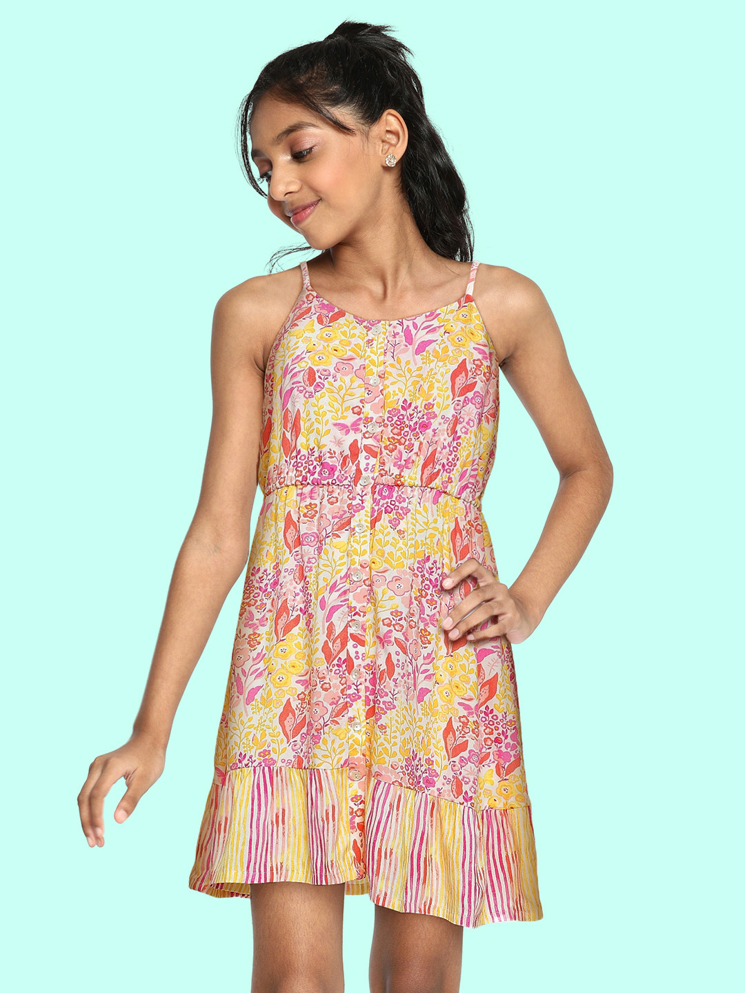 Buy Global Desi Girls Pink & Yellow Floral Printed Fit & Flare Dress ...