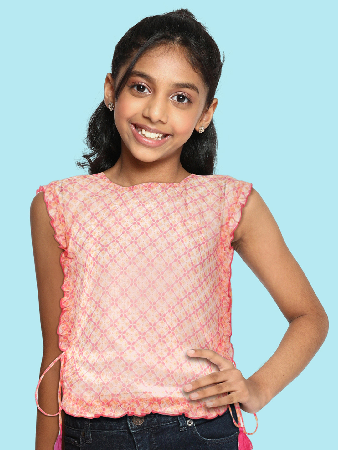 Buy Global Desi Girls Orange & Red Ethnic Motifs Print Ruffled Sheer ...