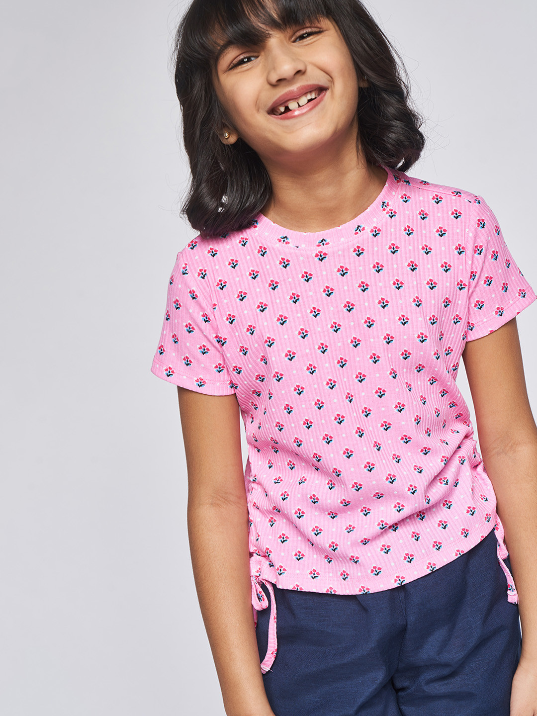 Buy Global Desi Girls Pink Floral Print Round Neck Regular Sleeves A ...