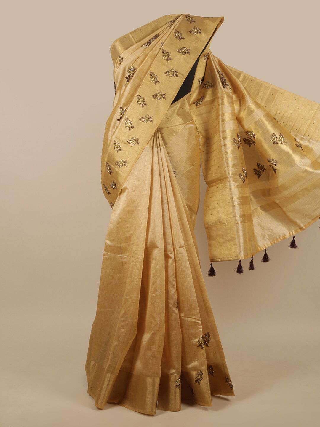 Buy Pothys Gold Toned Ethnic Motifs Embroidered Saree - Sarees for ...