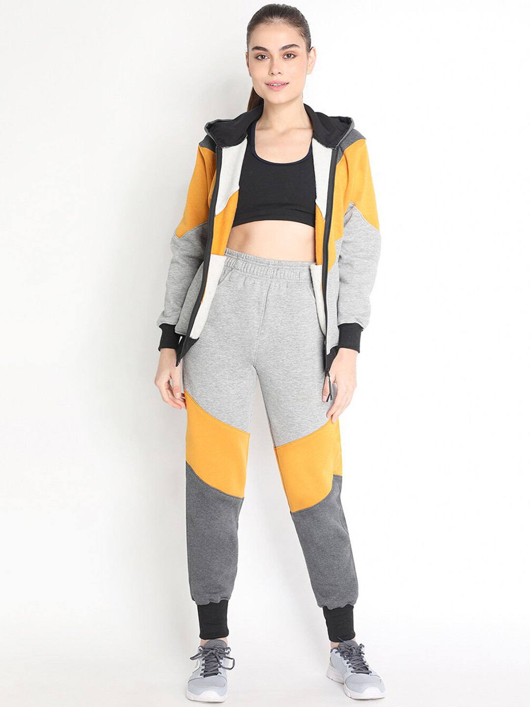 Buy Chkokko Women Grey & Yellow Colourblocked Cotton Tracksuit ...