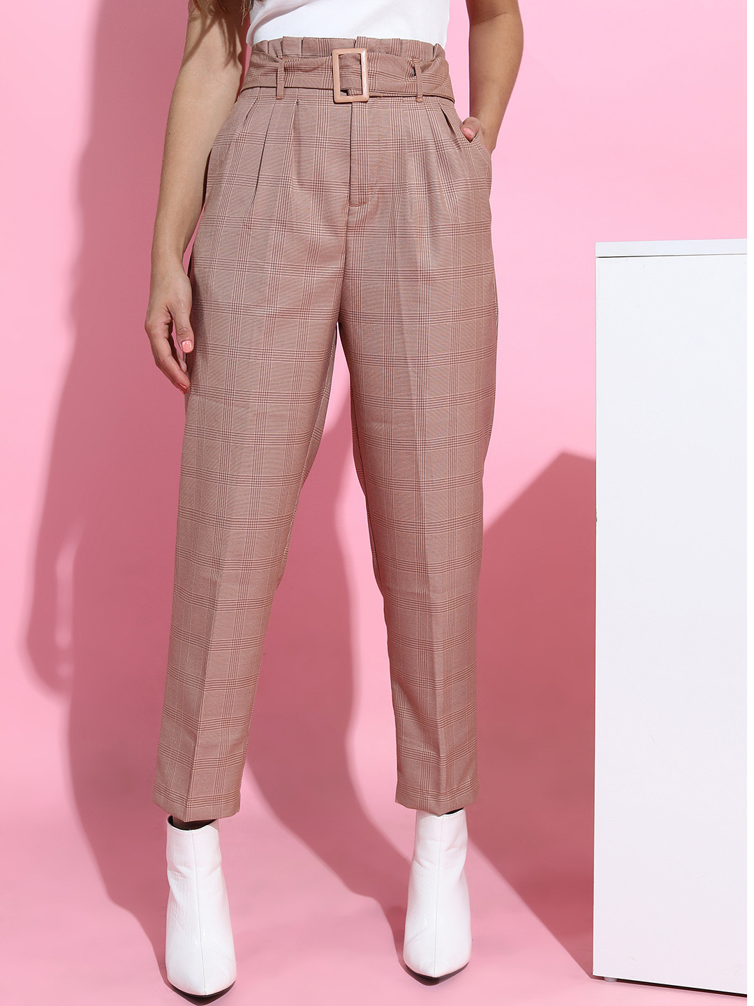 Buy CHIC BY TOKYO TALKIES Women Pink Checked Pleated Trousers ...