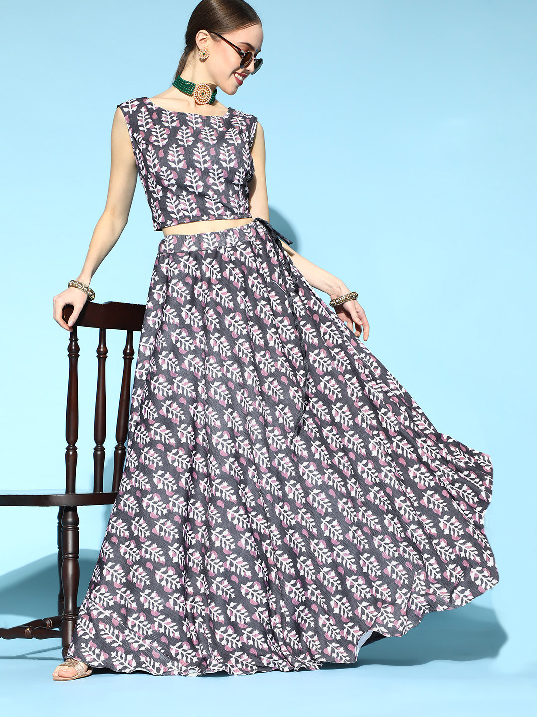 Buy RedRound Grey Printed Semi Stitched Lehenga Choli - Lehenga Choli ...