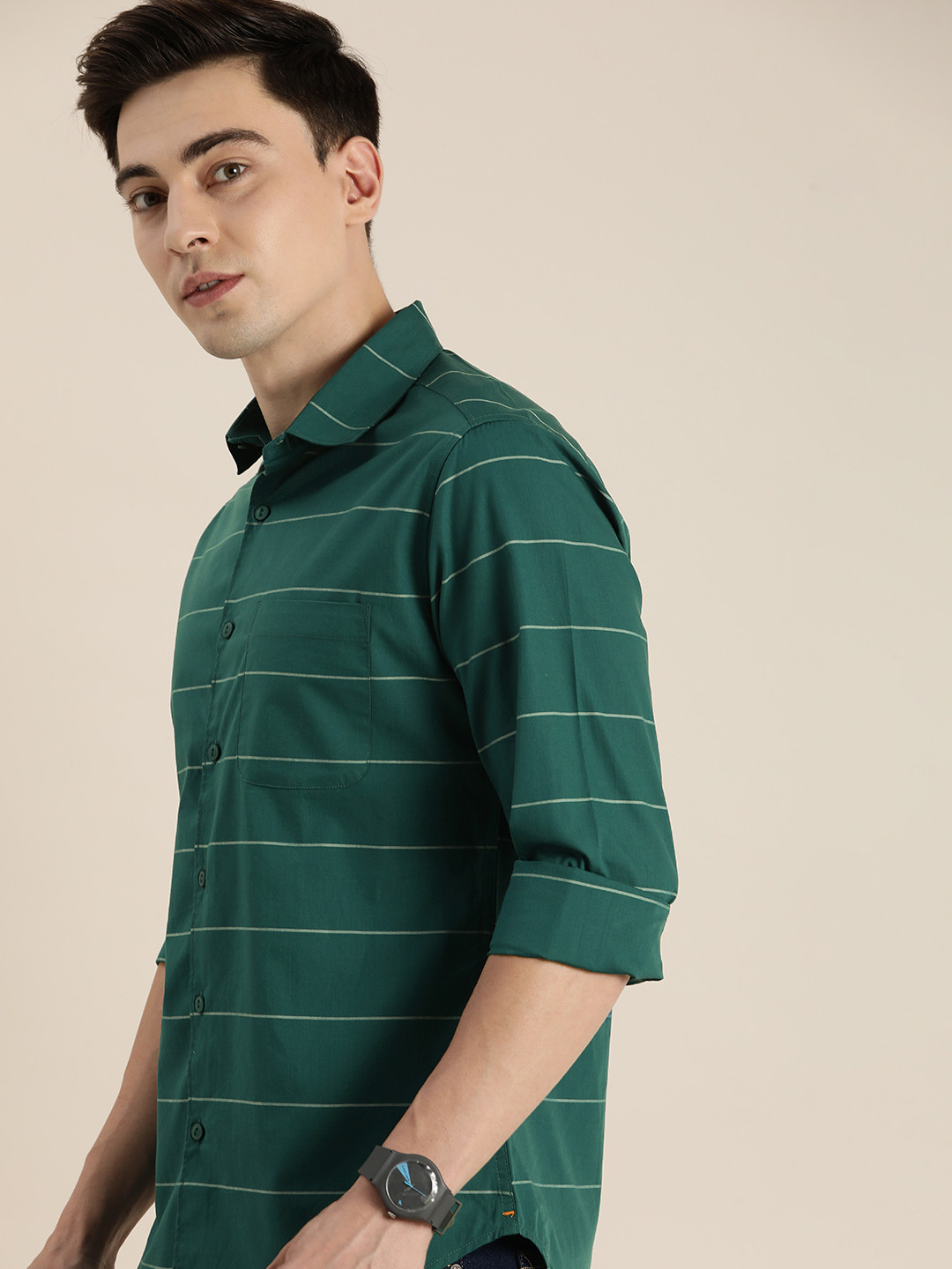 Buy INVICTUS Men Green Striped Pure Cotton Regular Fit Casual Shirt ...