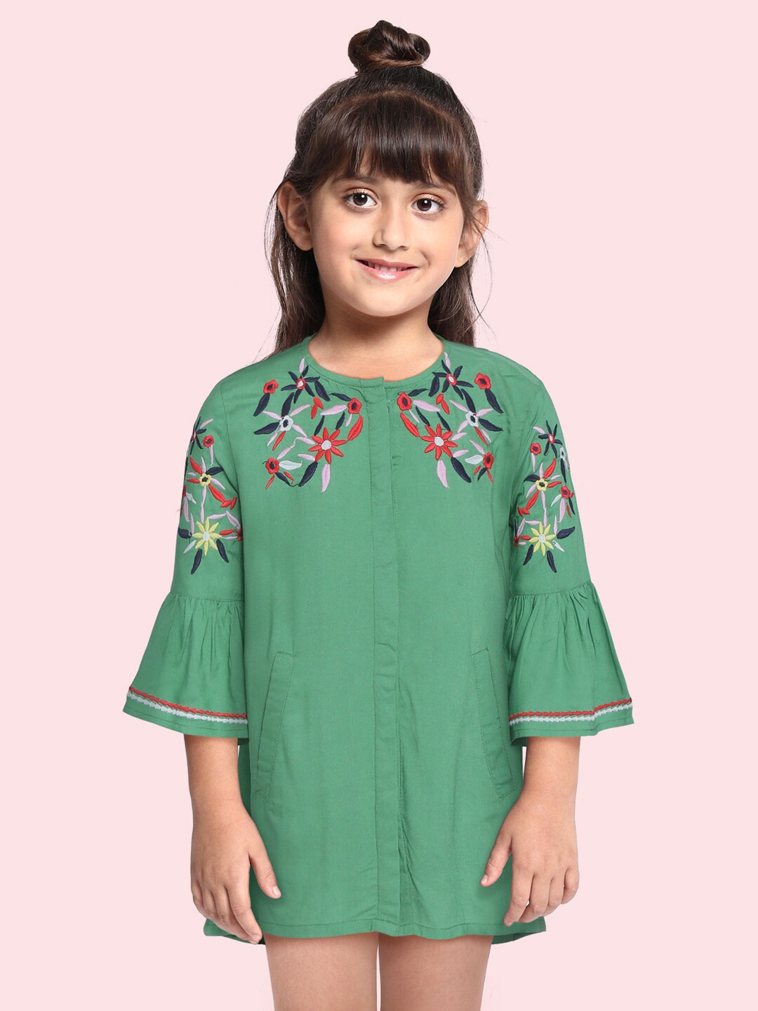 Buy Bella Moda Green Floral Embroidered Dress - Dresses for Girls ...