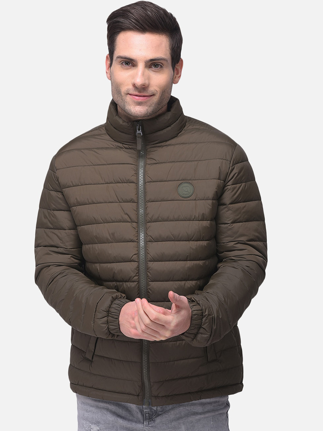 Buy Woodland Men Olive Green Striped Water Resistant Longline Puffer ...