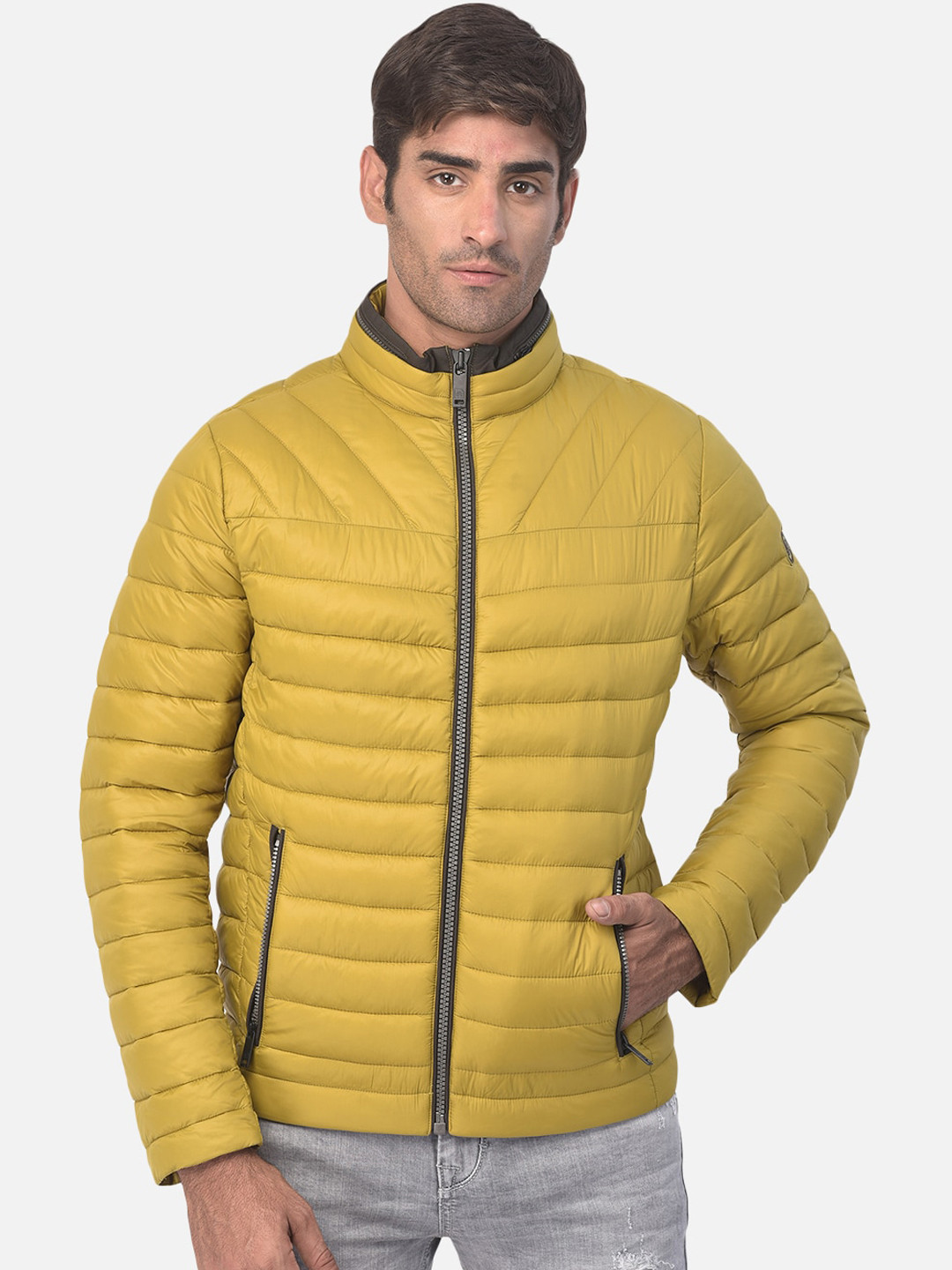 Buy Woodland Men Mustard Striped Water Resistant Puffer Jacket ...