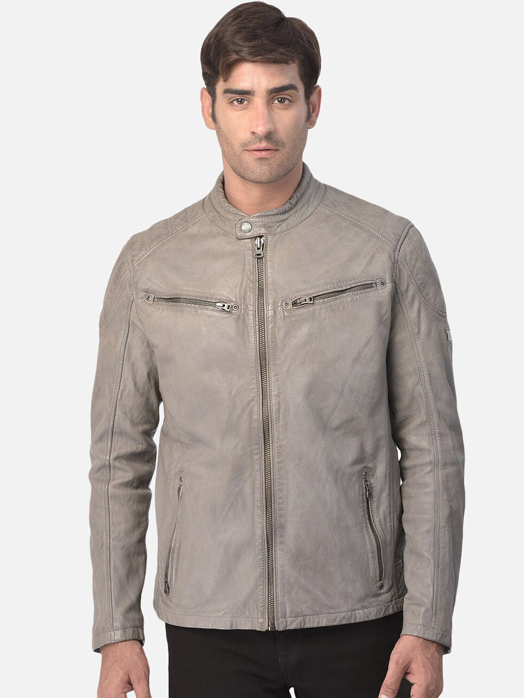 Buy Woods Men Grey Leather Water Resistant Leather Jacket - Jackets for ...