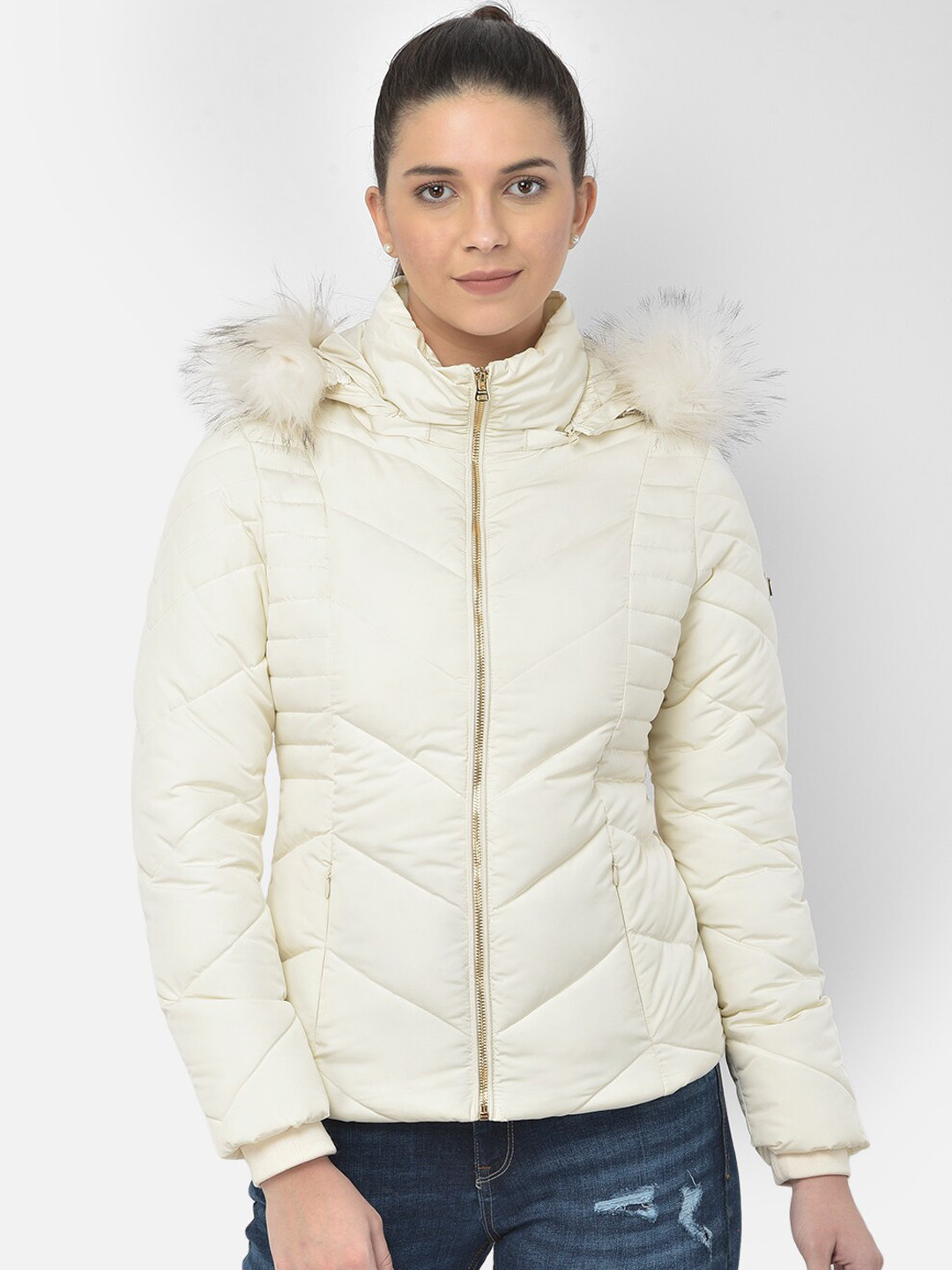 Buy Woods Women Off White Water Resistant Hooded Padded Jacket ...