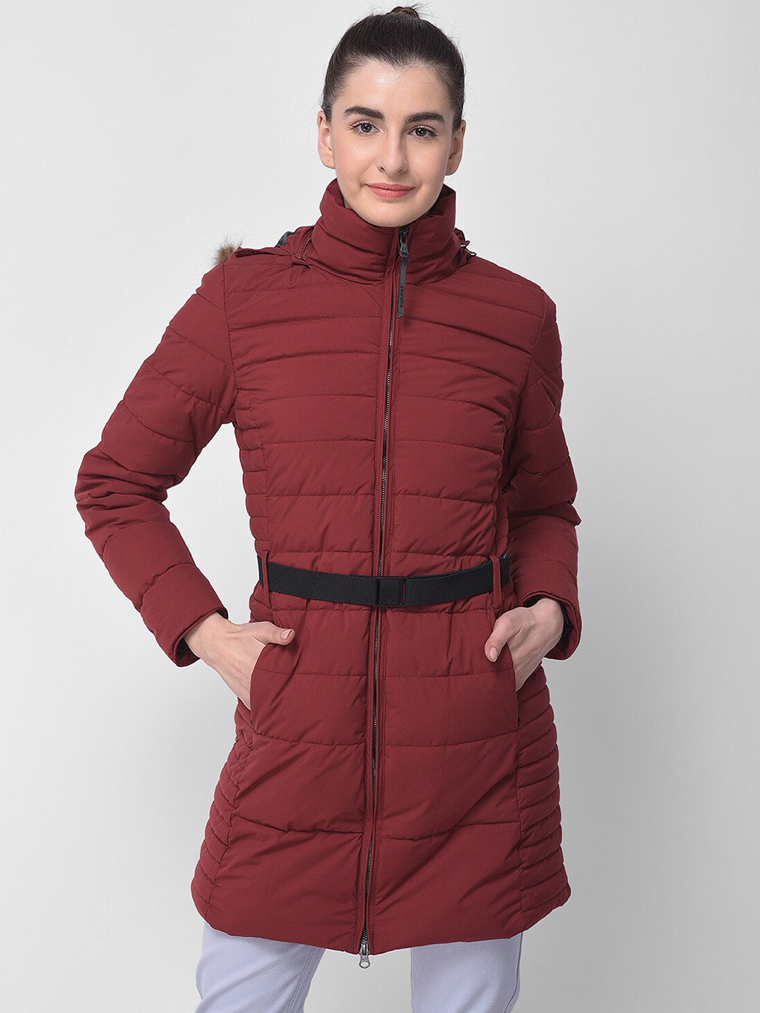 Buy Woodland Women Red Water Resistant Longline Padded Jacket With Belt ...