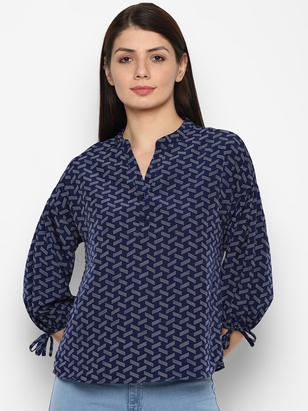 Buy Allen Solly Woman Navy Blue Geometric Print Mandarin Collar Top