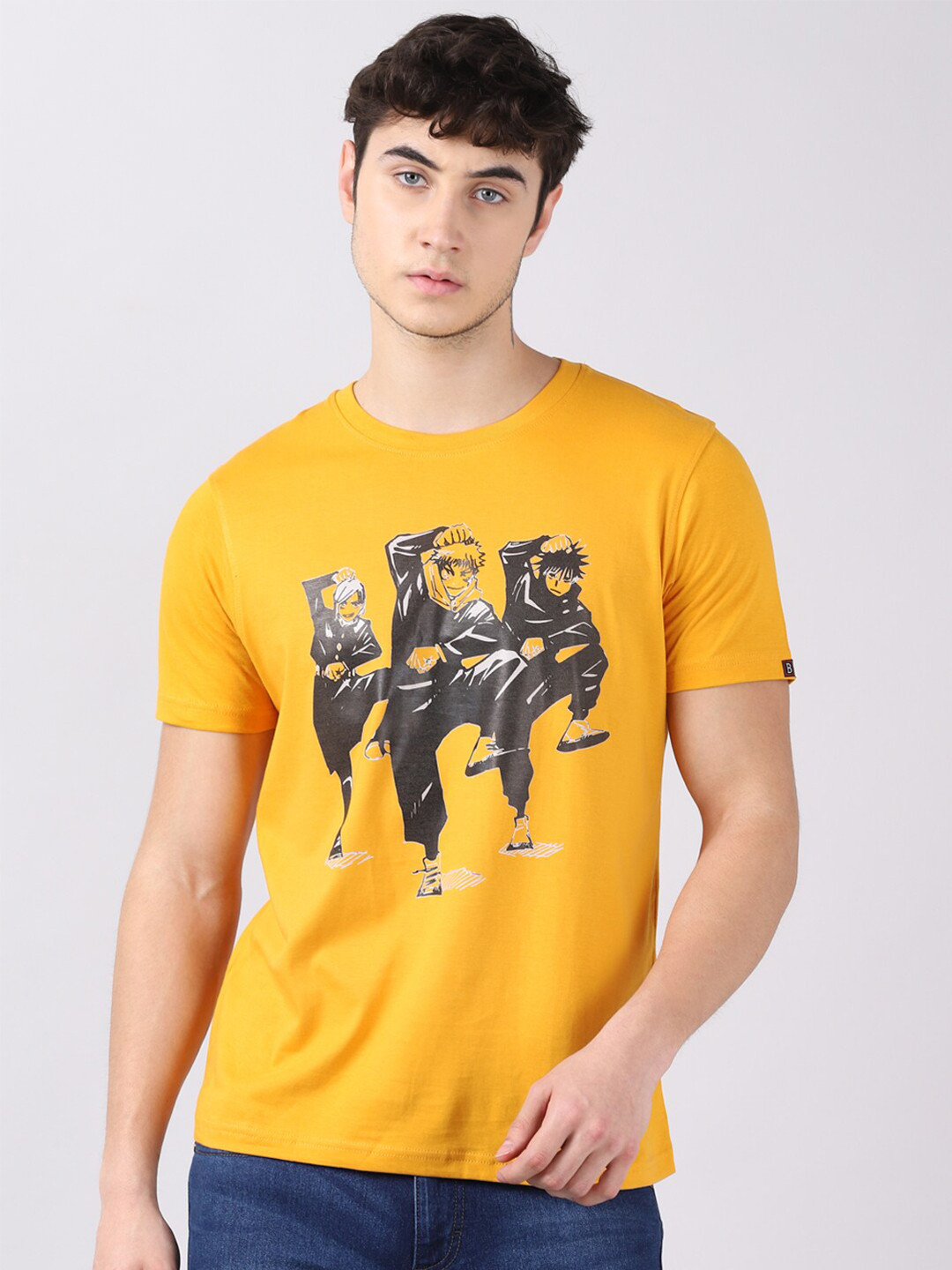 Buy Bushirt Men Mustard Yellow JJK Trio Printed Pure Cotton T Shirt ...