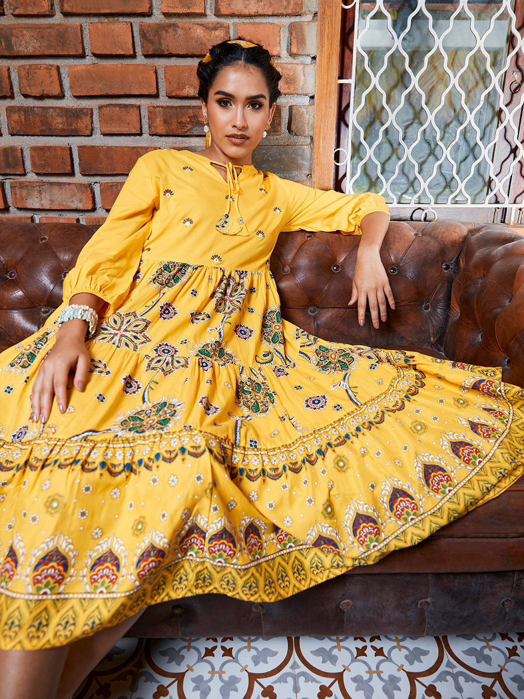 Buy Sangria Yellow & Navy Blue Ethnic Motifs Tie Up Neck Ethnic A Line ...