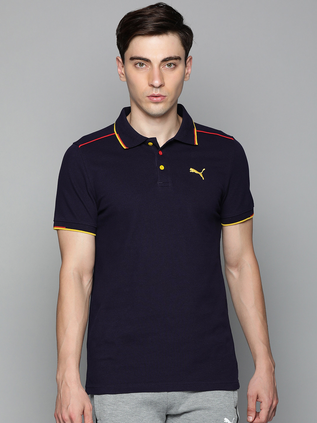 Buy Puma Men Navy Blue Solid Pure Cotton Polo Collar Slim Fit T Shirt ...