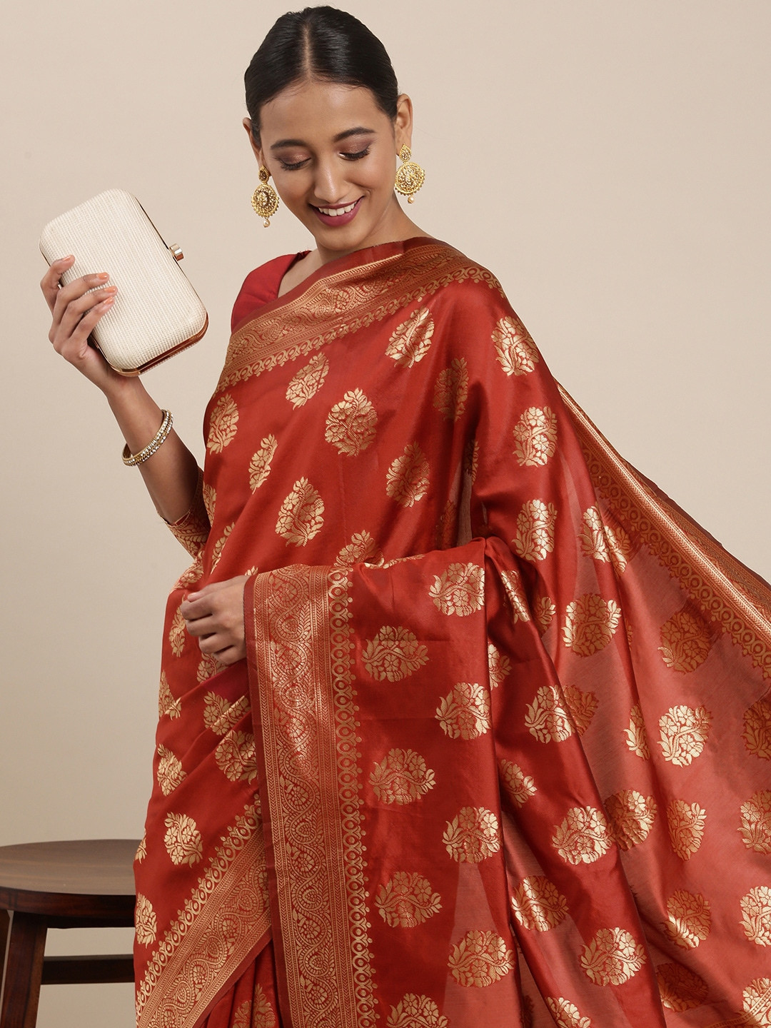 Buy Mitera Rust Red & Golden Ethnic Motifs Silk Blend Saree - Sarees ...