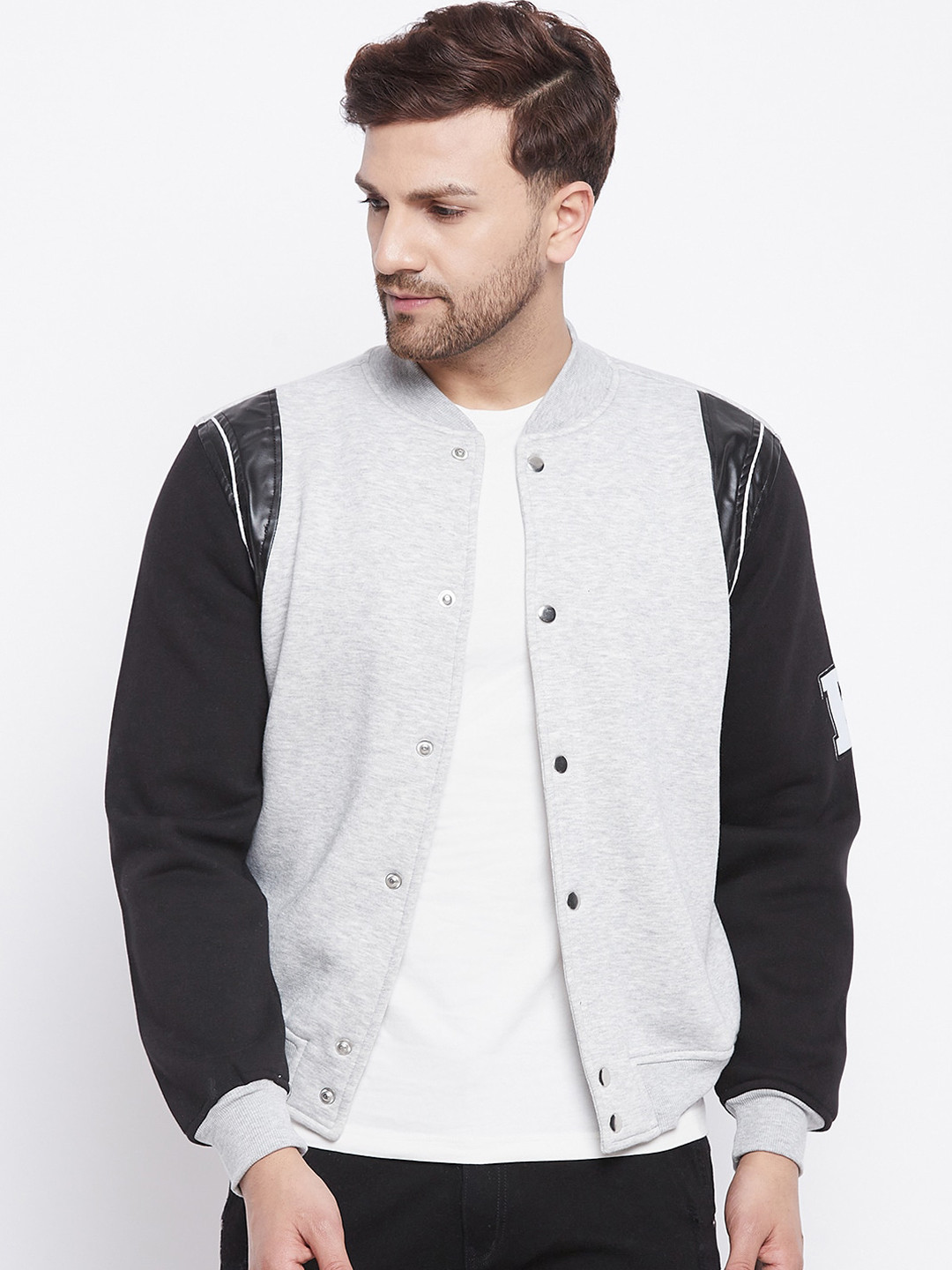 Buy FUGAZEE Men Grey Colourblocked Fleece Varsity Jacket - Jackets for ...