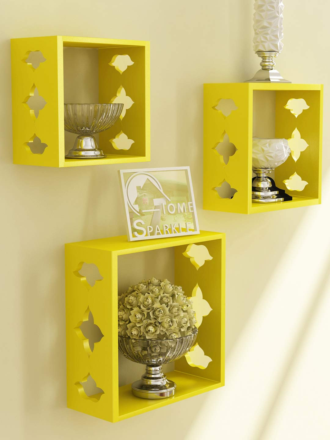 Buy Home Sparkle Yellow Set Of 3 Cube Wall Shelves - Wall Shelves for ...