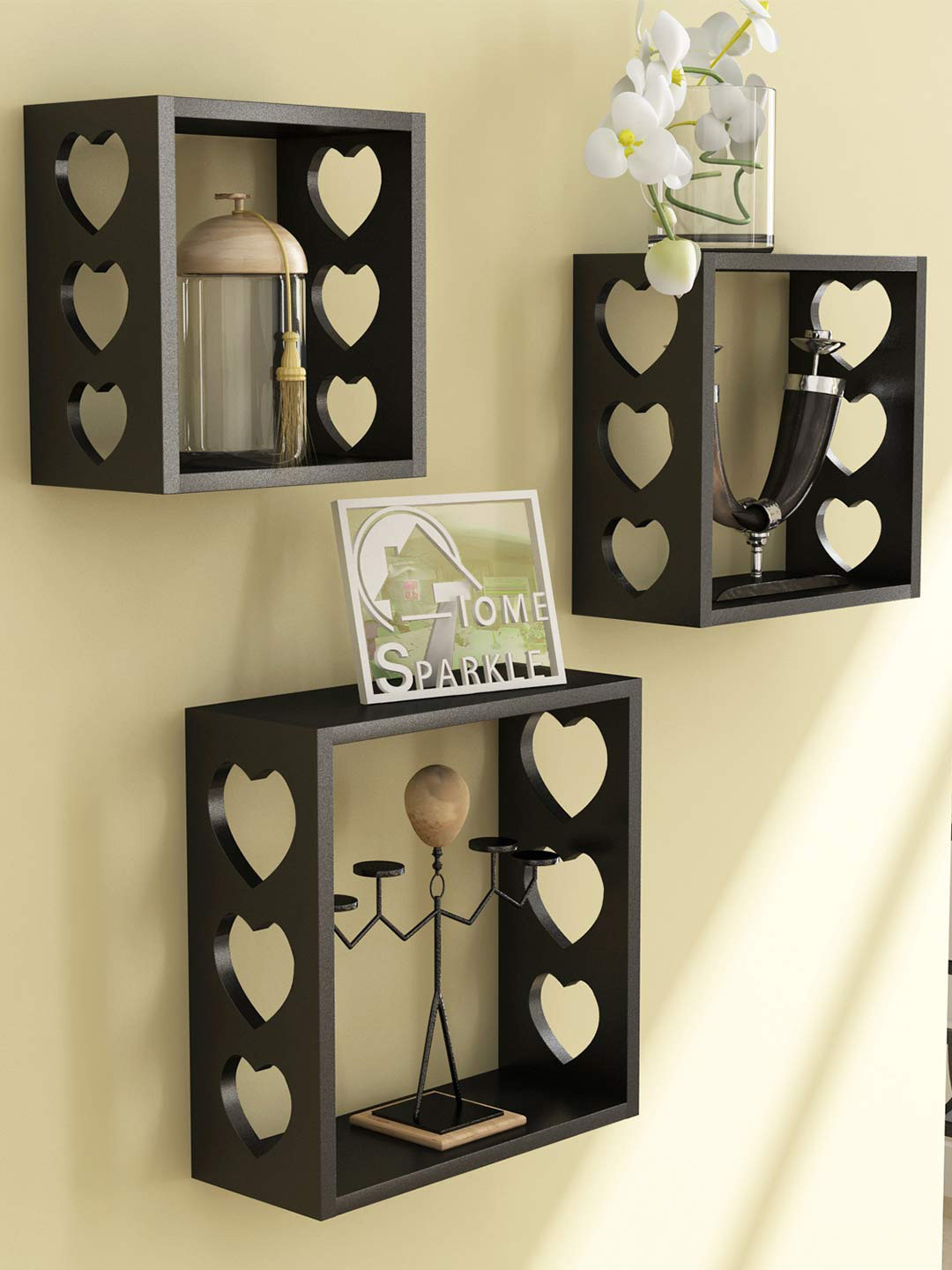 Buy Home Sparkle Black Set Of 3 Cube Wall Shelves - Wall Shelves for ...