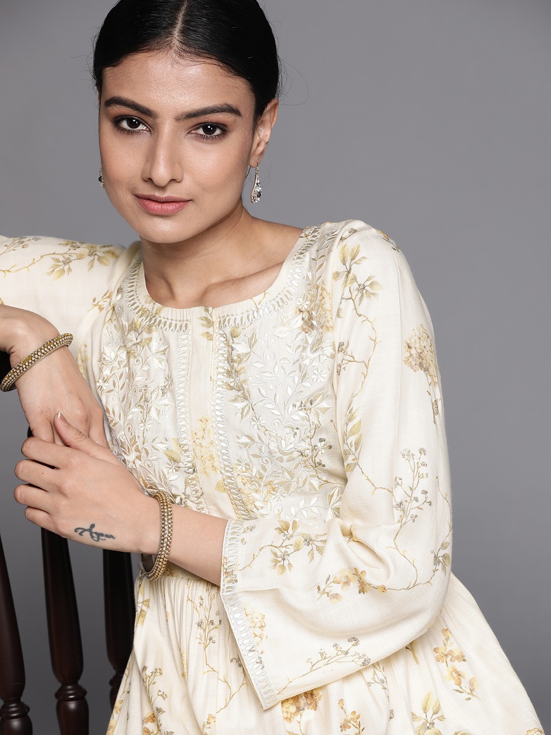 Buy Libas Cream Coloured Floral Embroidered Ethnic A Line Midi Flared