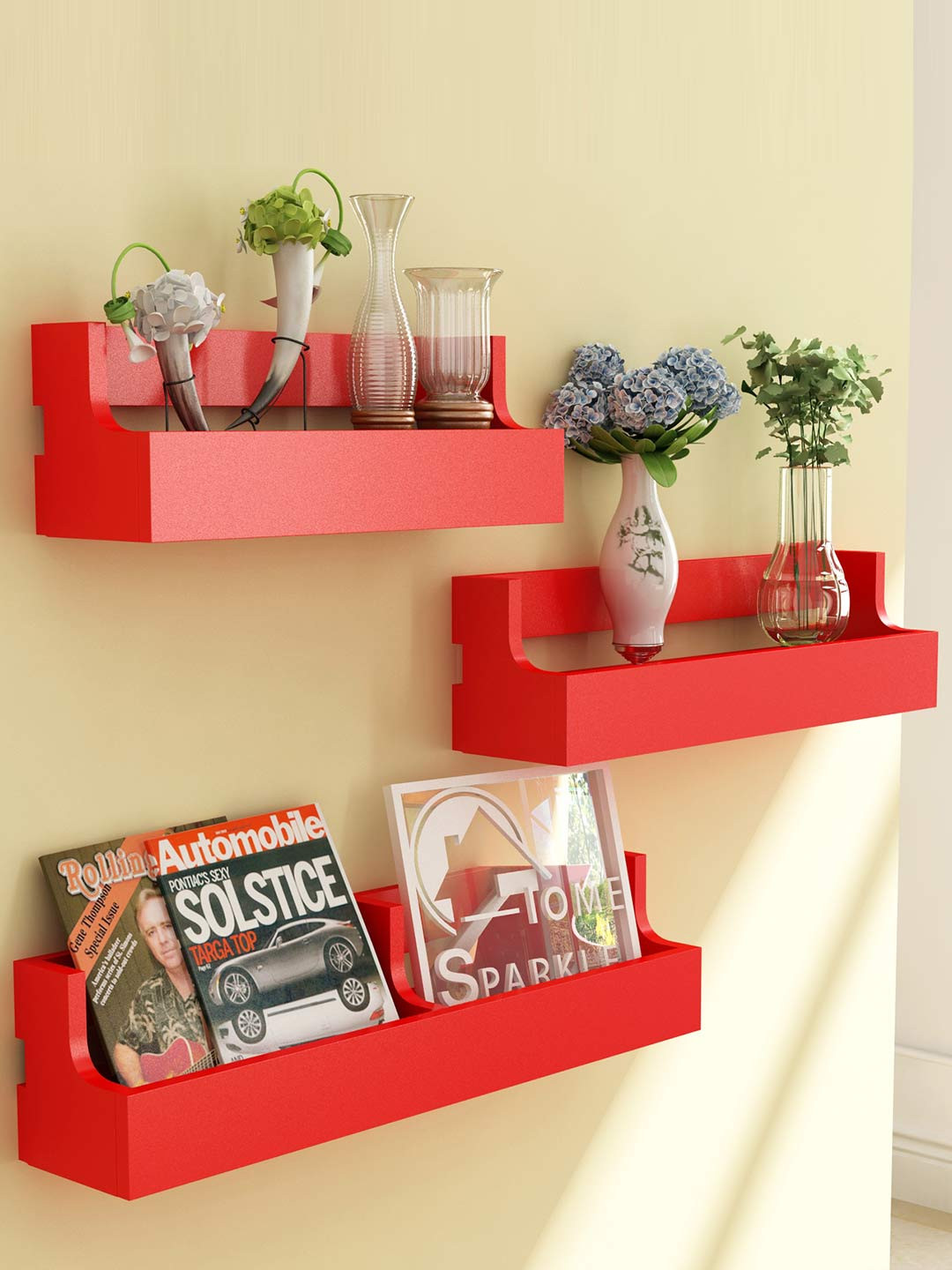 Buy Home Sparkle Set Of 3 Red Wall Shelves - Wall Shelves for Unisex ...