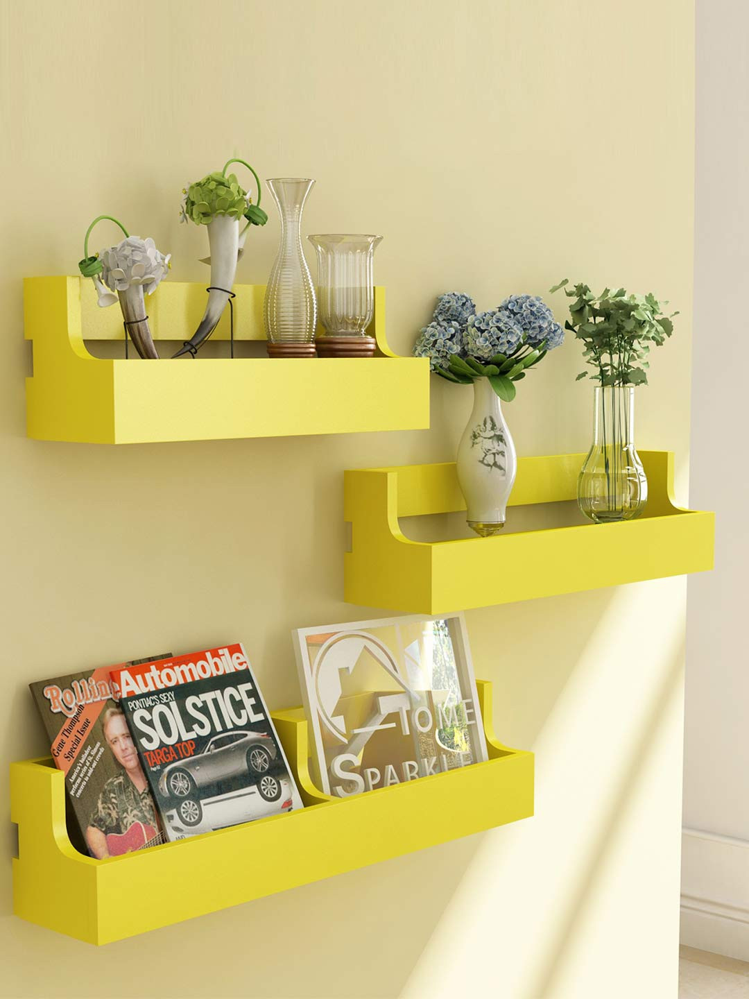 Buy Home Sparkle Set Of 3 Yellow Wall Shelves - Wall Shelves for Unisex ...
