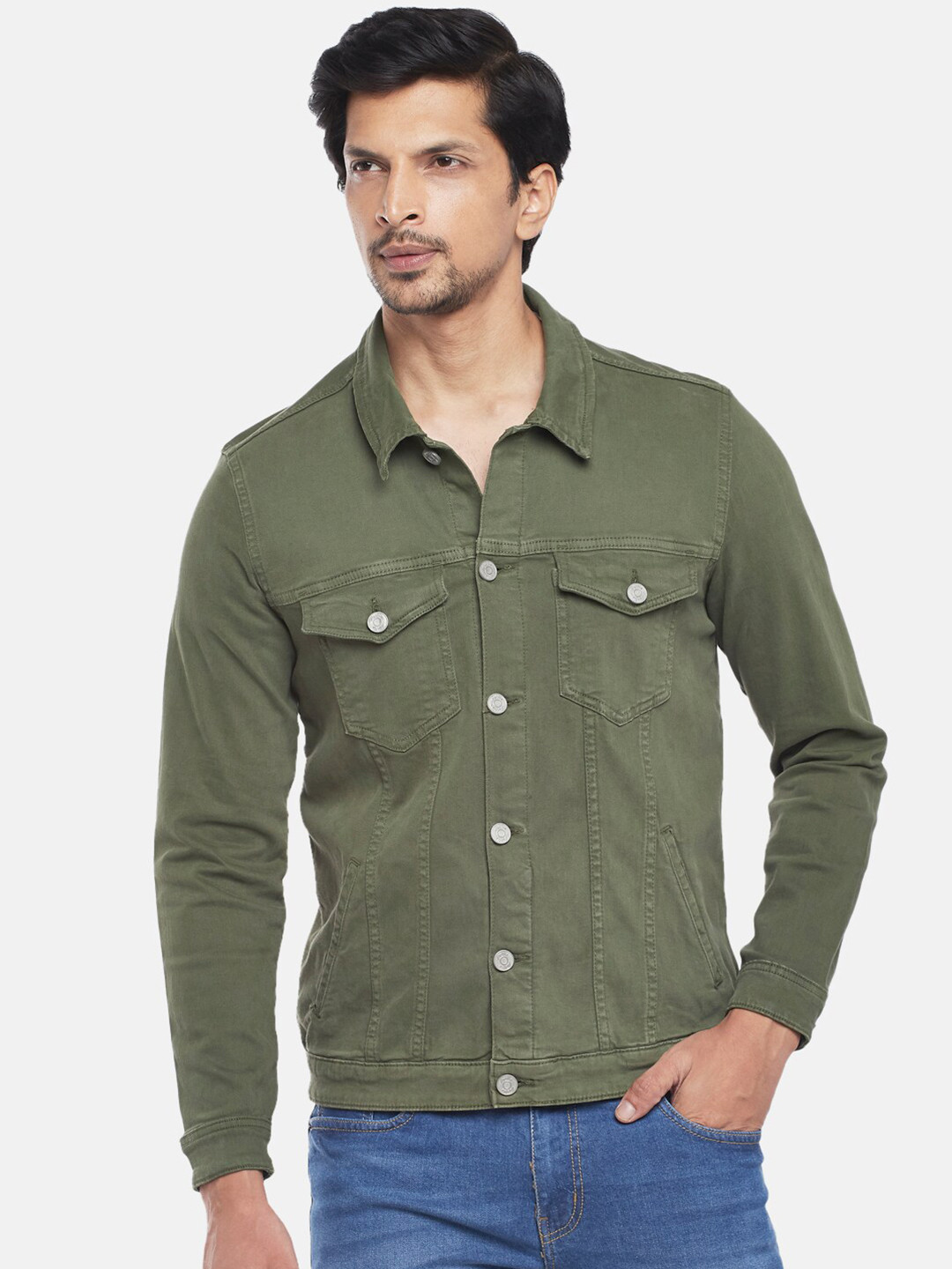 Buy People Men Olive Green Washed Denim Jacket - Jackets for Men ...