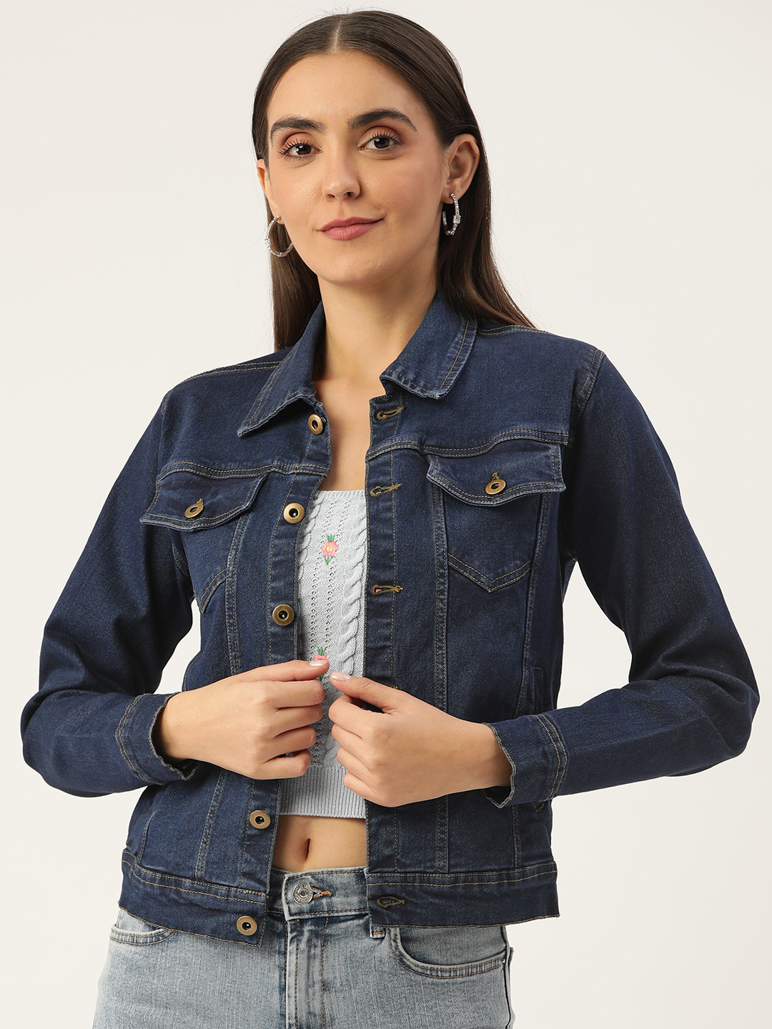 Buy Antheaa Women Navy Blue Washed Denim Jacket - Jackets for Women ...