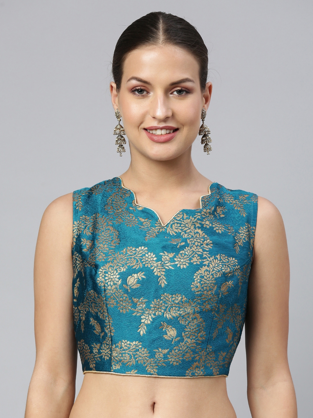 Buy Flaher Women Teal Blue And Gold Ethnic Motifs Jacquard Woven Design