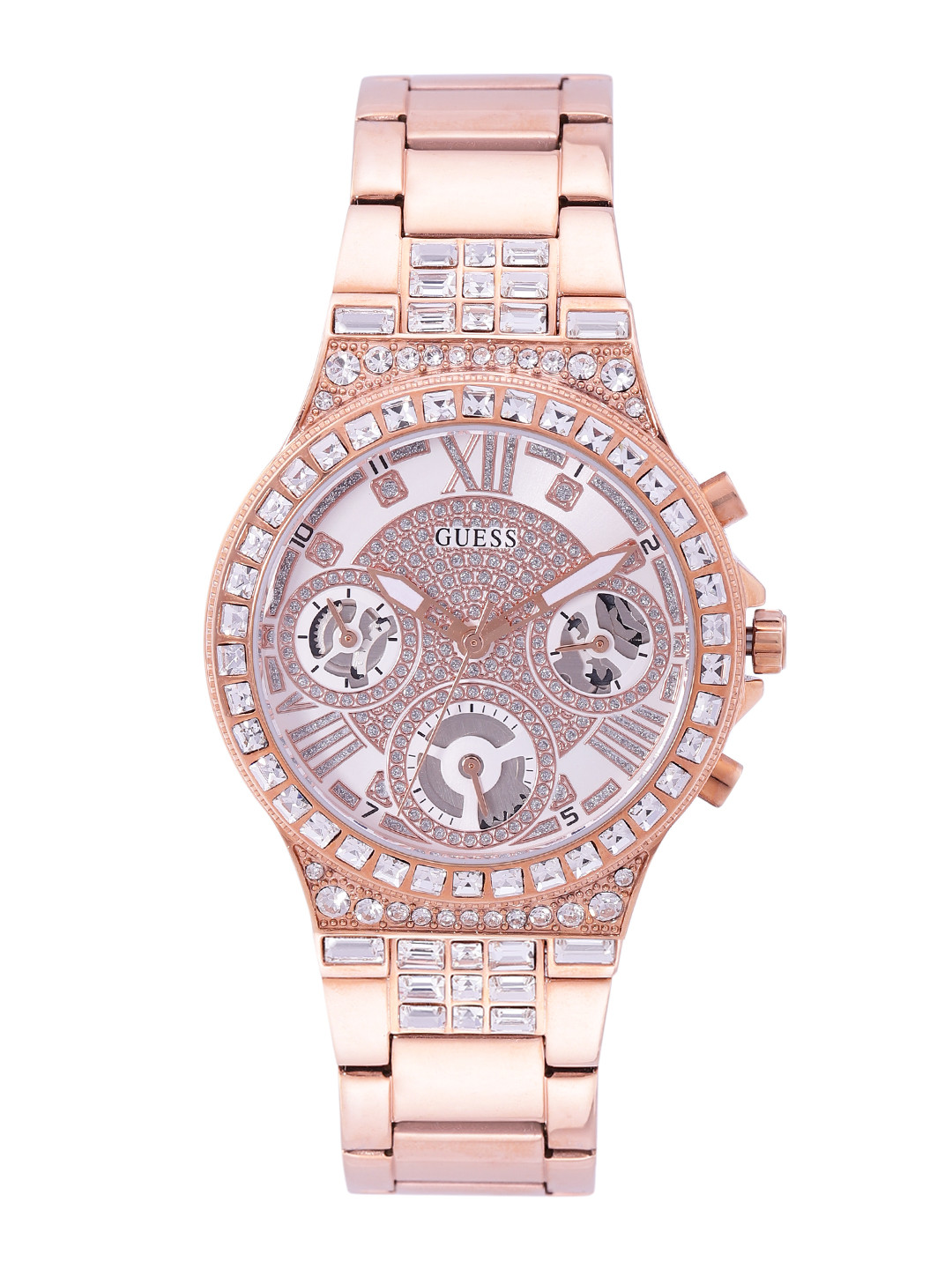Buy GUESS Women Rose Gold Toned Embellished Analogue Multi Function ...