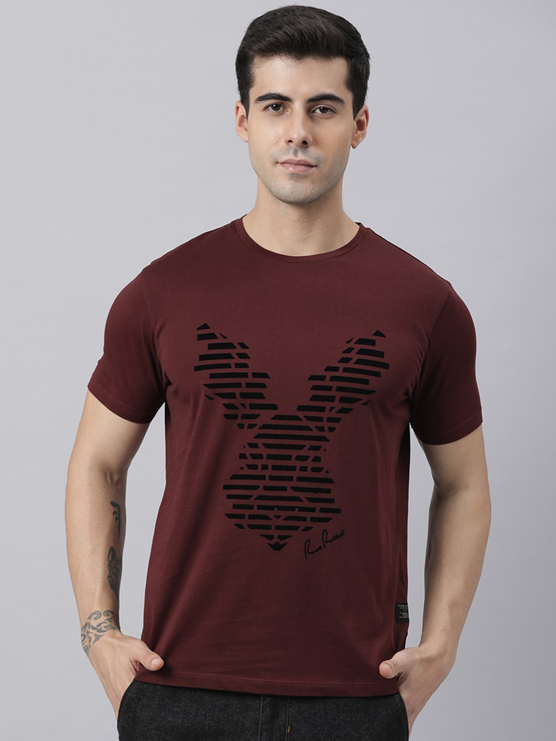 Buy RARE RABBIT Men Maroon Printed Pure Cotton Slim Fit T Shirt ...