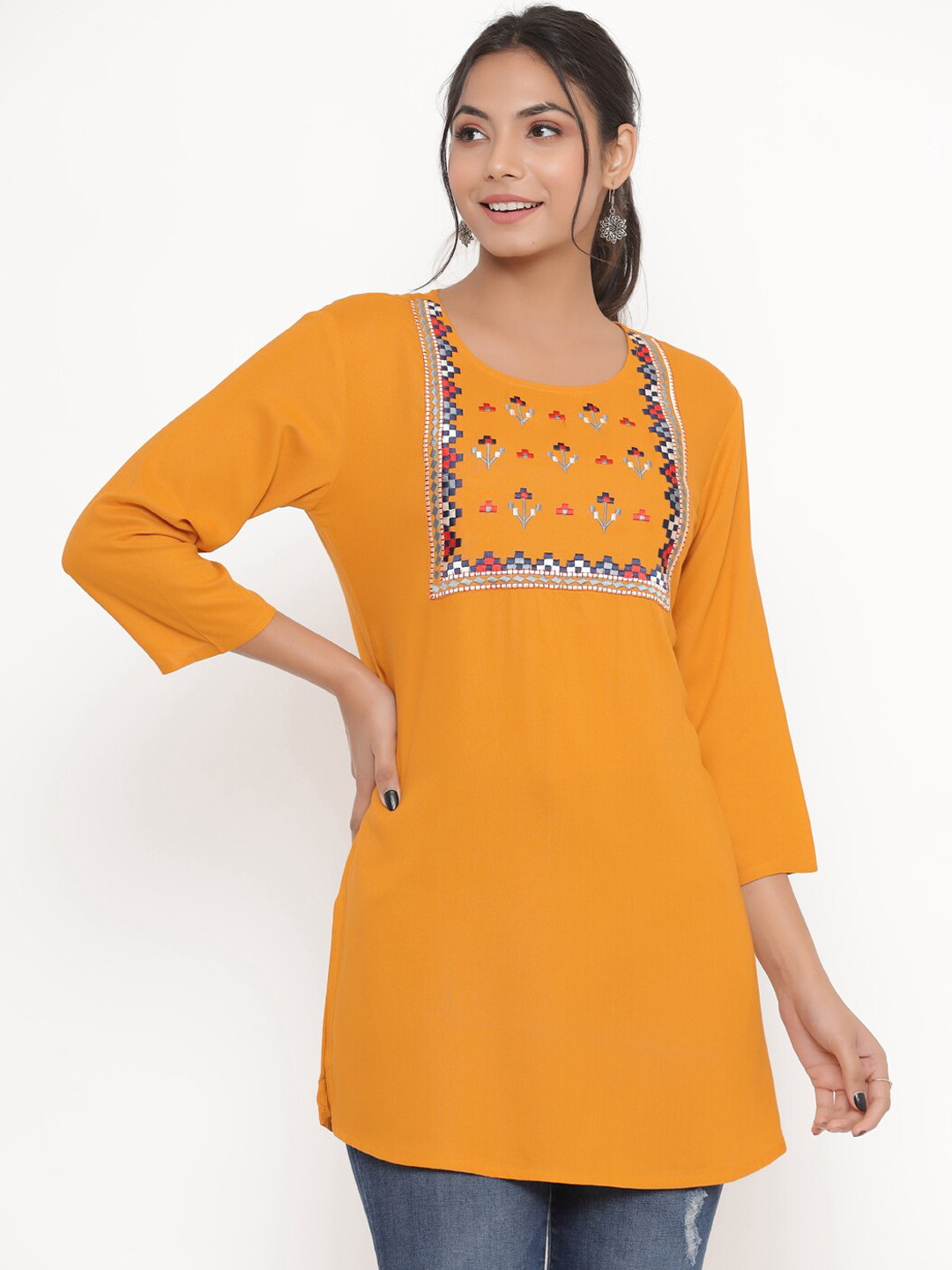 Buy DIVYANK Yellow Geometric Embroidered Kurti - Kurtis for Women ...