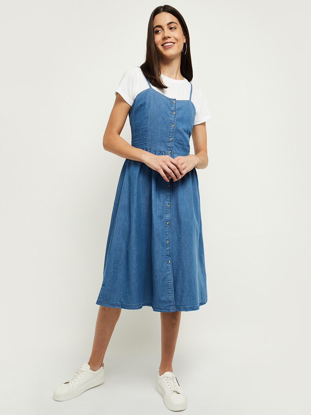 Buy Max Blue Pure Cotton Pinafore Midi Dress - Dresses for Women ...