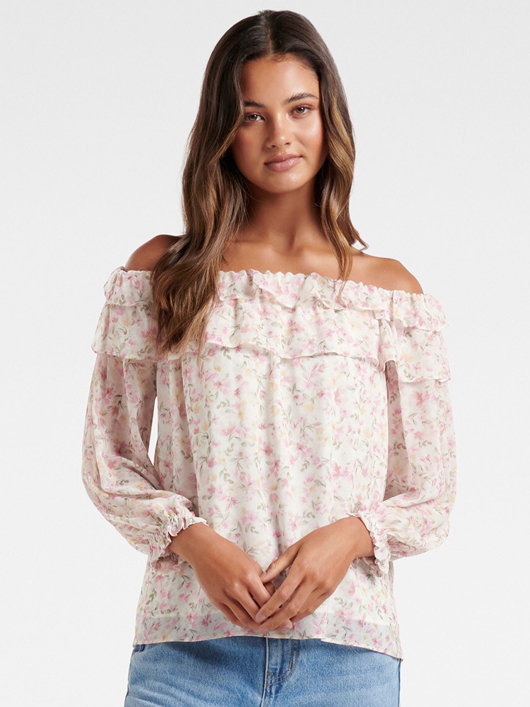 Buy Forever New Pink Floral Print Off Shoulder Bardot Top Tops For