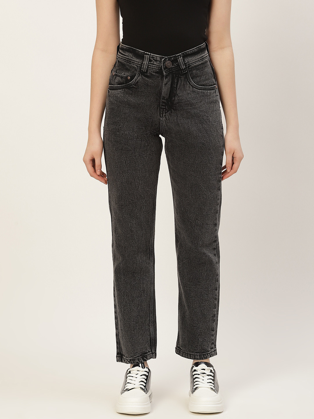 Buy PARIS HAMILTON Women Charcoal Boyfriend Fit High Rise Light Fade ...