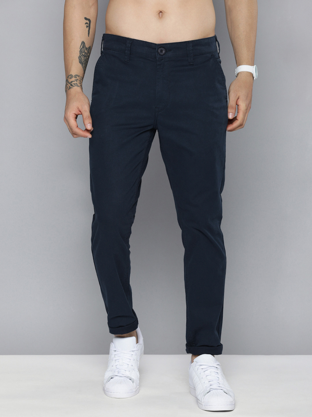 Buy HERE&NOW Men Navy Blue Solid Slim Fit Chinos Trousers - Trousers ...