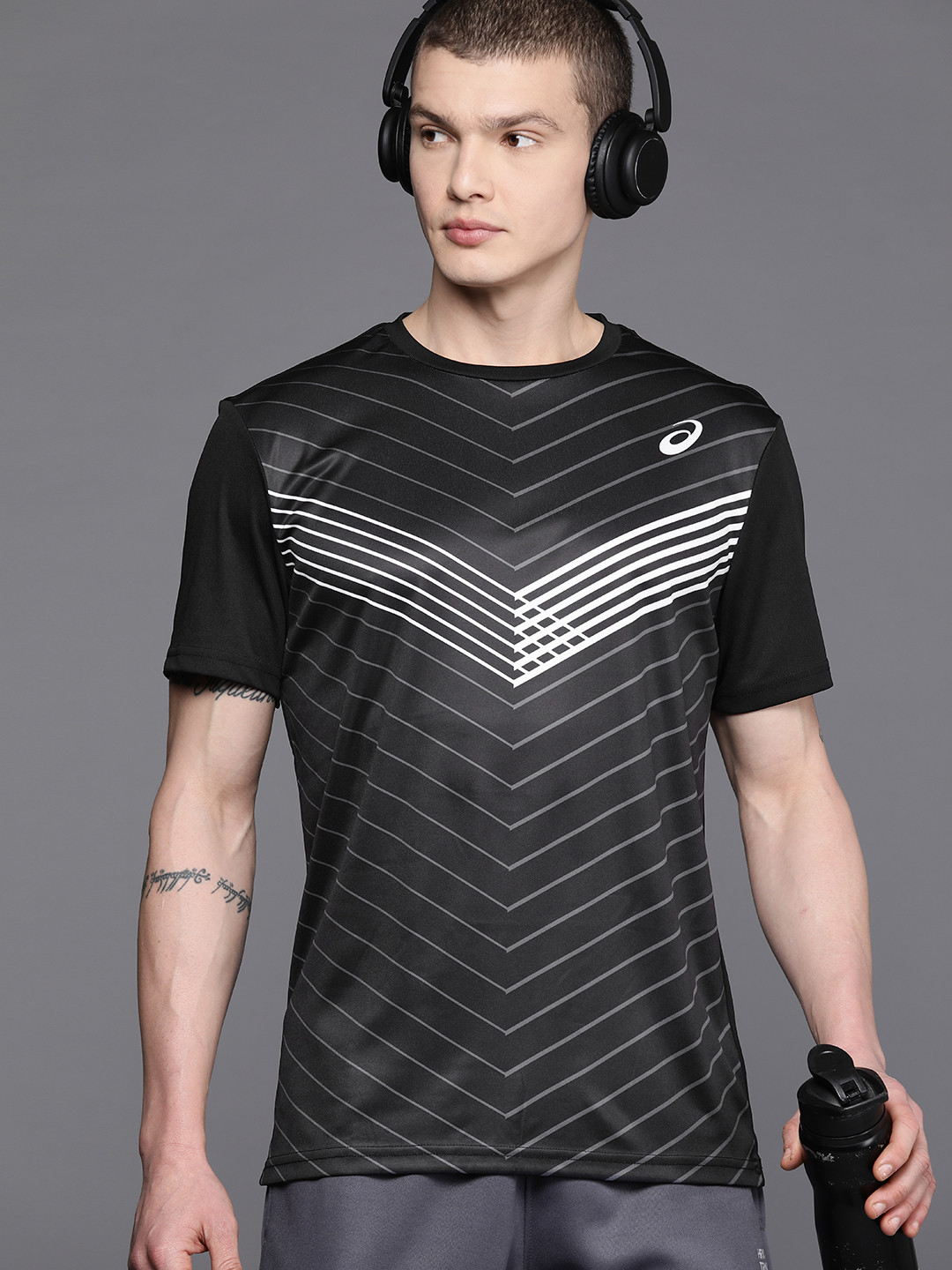Buy ASICS Striped Round Neck Running T Shirt With Brand Logo Detail ...